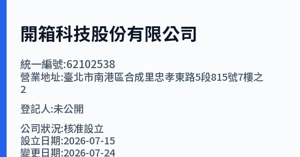 開箱科技股份有限公司的照片-統編 62102538(臺北市) 公司登記資料與營業項目詳細圖表