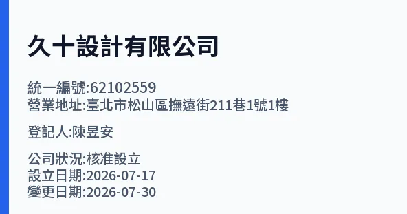 久十設計有限公司的照片-統編 62102559(臺北市) 公司登記資料與營業項目詳細圖表