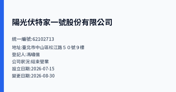 陽光伏特家一號股份有限公司的照片-統編 62102713 公司登記資料與營業項目詳細圖表