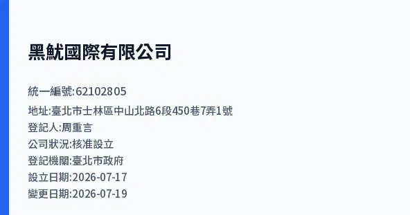 黑魷國際有限公司的照片-統編 62102805(臺北市) 公司登記資料與營業項目詳細圖表