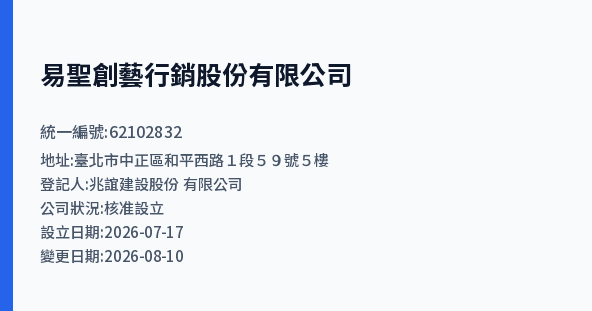 易聖創藝行銷股份有限公司的照片-統編 62102832(臺北市) 公司登記資料與營業項目詳細圖表