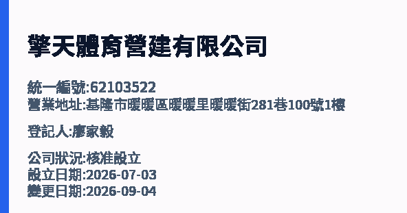 擎天體育營建有限公司的照片-統編 62103522(基隆市) 公司登記資料與營業項目詳細圖表