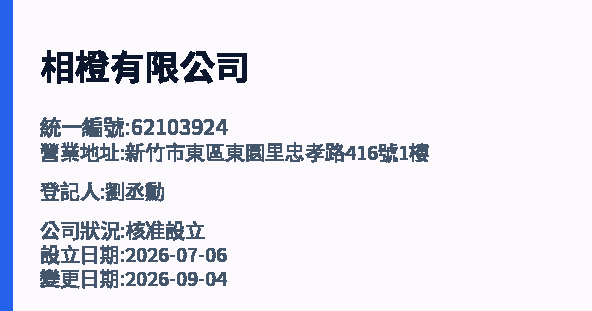 相橙有限公司的照片-統編 62103924(新竹市) 公司登記資料與營業項目詳細圖表