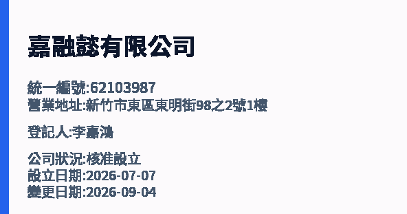 嘉融懿有限公司的照片-統編 62103987(新竹市) 公司登記資料與營業項目詳細圖表