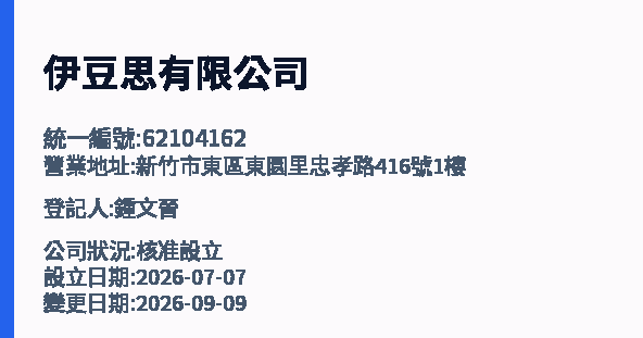 伊豆思有限公司的照片-統編 62104162(新竹市) 公司登記資料與營業項目詳細圖表