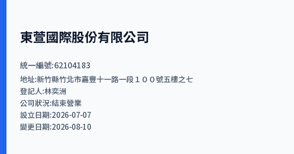 東萱國際股份有限公司的照片-統編 62104183(新竹縣) 公司登記資料與營業項目詳細圖表