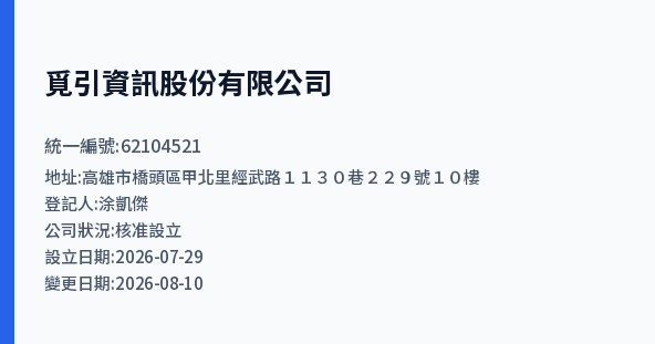 覓引資訊股份有限公司的照片-統編 62104521(高雄市) 公司登記資料與營業項目詳細圖表