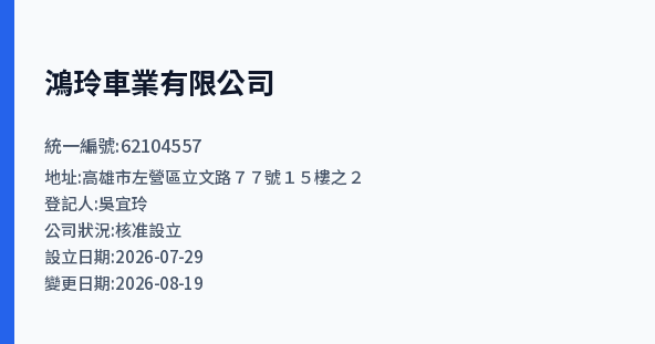 鴻玲車業有限公司的照片-統編 62104557(高雄市) 公司登記資料與營業項目詳細圖表
