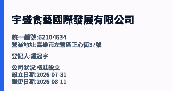 宇盛食藝國際發展有限公司的照片-統編 62104634(高雄市) 公司登記資料與營業項目詳細圖表