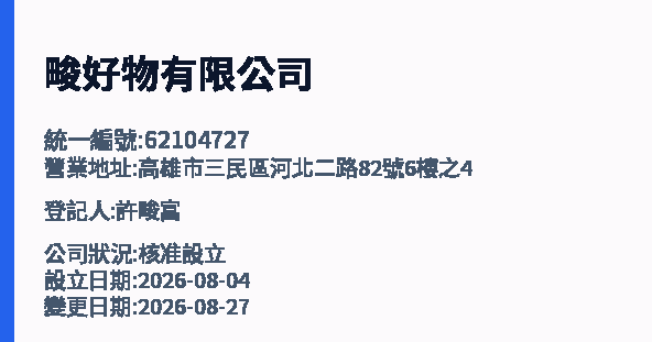 畯好物有限公司的照片-統編 62104727(高雄市) 公司登記資料與營業項目詳細圖表