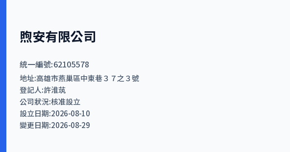 煦安有限公司的照片-統編 62105578(高雄市) 公司登記資料與營業項目詳細圖表