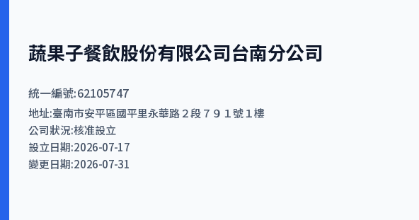 蔬果子餐飲股份有限公司台南分公司的照片-統編 62105747(臺南市) 公司登記資料與營業項目詳細圖表