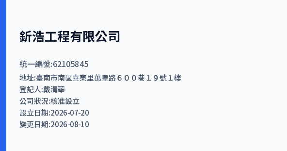 釿浩工程有限公司的照片-統編 62105845(臺南市) 公司登記資料與營業項目詳細圖表