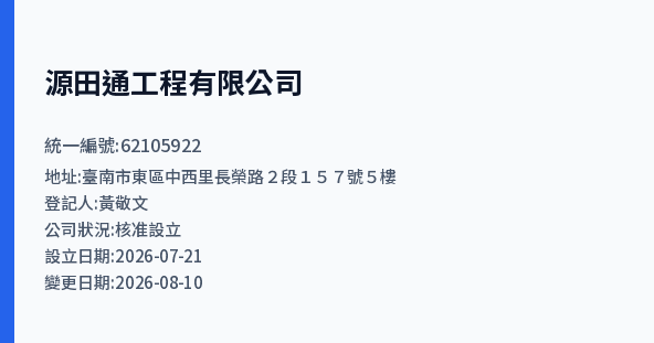 源田通工程有限公司的照片-統編 62105922(臺南市) 公司登記資料與營業項目詳細圖表