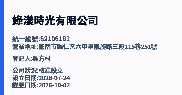 綠漾時光有限公司的照片-統編 62106181(臺南市) 公司登記資料與營業項目詳細圖表