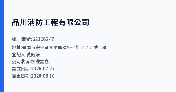 品川消防工程有限公司的照片-統編 62106247(臺南市) 公司登記資料與營業項目詳細圖表