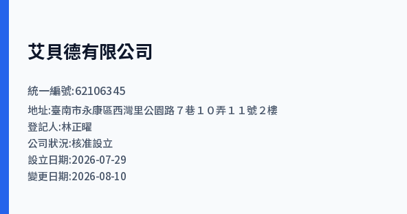 艾貝德有限公司的照片-統編 62106345(臺南市) 公司登記資料與營業項目詳細圖表