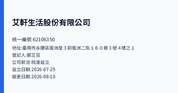艾軒生活股份有限公司的照片-統編 62106350(臺南市) 公司登記資料與營業項目詳細圖表