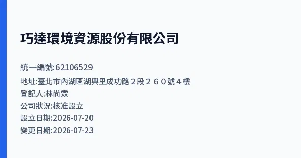 巧達環境資源股份有限公司的照片-統編 62106529(臺北市) 公司登記資料與營業項目詳細圖表
