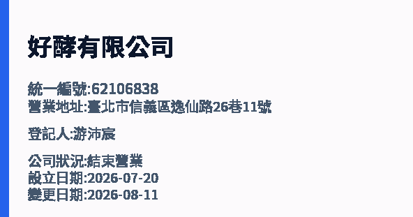 好酵有限公司的照片-統編 62106838(臺北市) 公司登記資料與營業項目詳細圖表