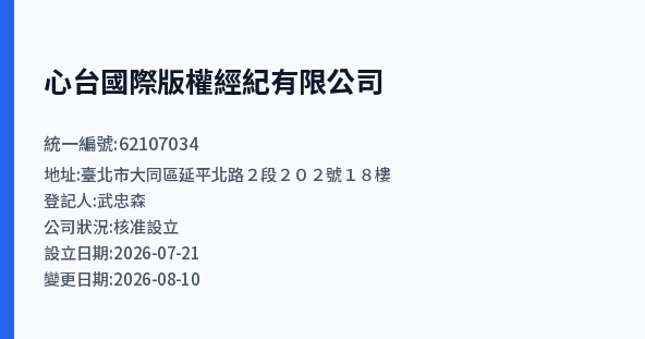 心台國際版權經紀有限公司的照片-統編 62107034(臺北市) 公司登記資料與營業項目詳細圖表