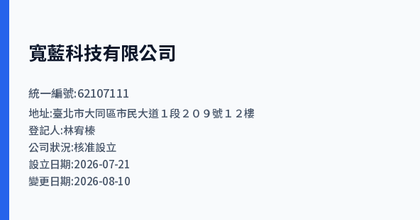 寬藍科技有限公司的照片-統編 62107111(臺北市) 公司登記資料與營業項目詳細圖表