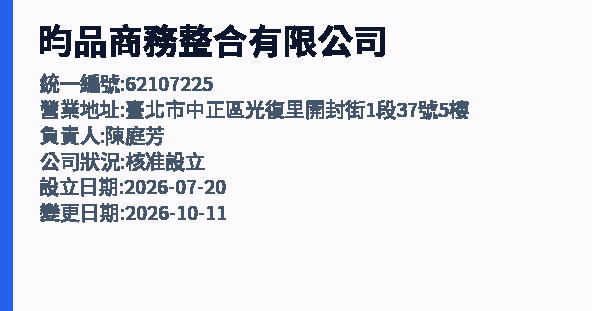 昀品商務整合有限公司的照片-統編 62107225(臺北市) 公司登記資料與營業項目詳細圖表