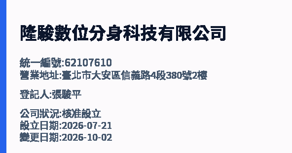 隆駿數位分身科技有限公司的照片-統編 62107610(臺北市) 公司登記資料與營業項目詳細圖表