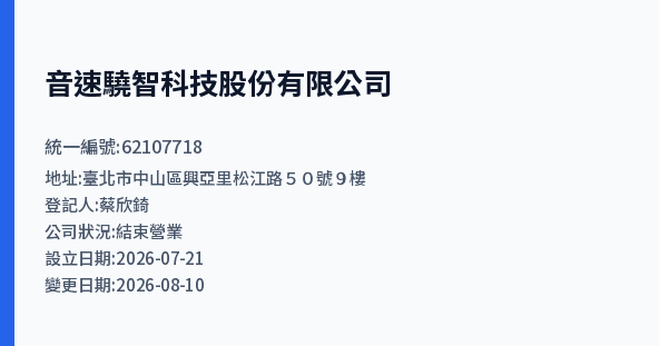 音速驍智科技股份有限公司的照片-統編 62107718(臺北市) 公司登記資料與營業項目詳細圖表
