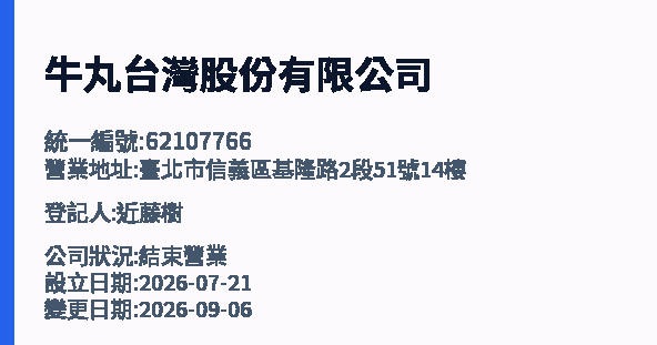 牛丸台灣股份有限公司的照片-統編 62107766 公司登記資料與營業項目詳細圖表