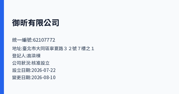 御昕有限公司的照片-統編 62107772(臺北市) 公司登記資料與營業項目詳細圖表