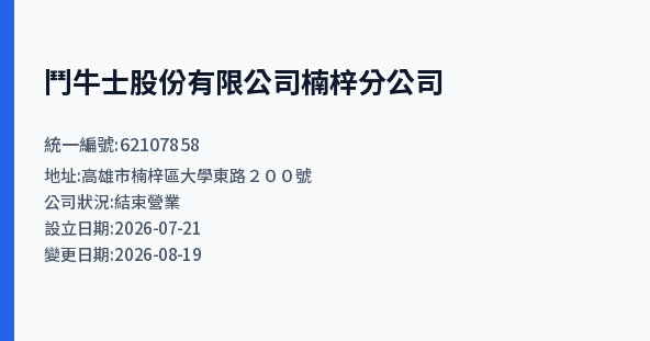 鬥牛士股份有限公司楠梓分公司的照片-統編 62107858(高雄市) 公司登記資料與營業項目詳細圖表