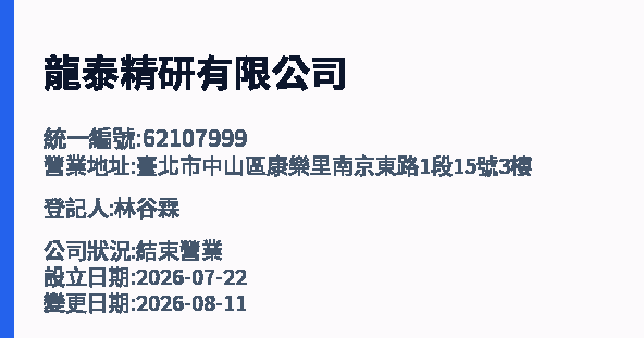 龍泰精研有限公司的照片-統編 62107999(臺北市) 公司登記資料與營業項目詳細圖表
