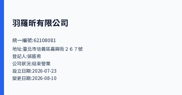 羽羅昕有限公司的照片-統編 62108081(臺北市) 公司登記資料與營業項目詳細圖表
