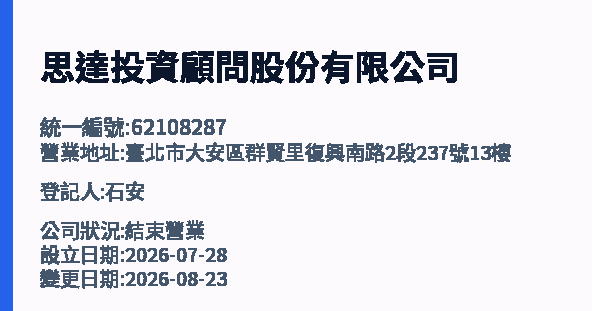 思達投資顧問股份有限公司的照片-統編 62108287(臺北市) 公司登記資料與營業項目詳細圖表
