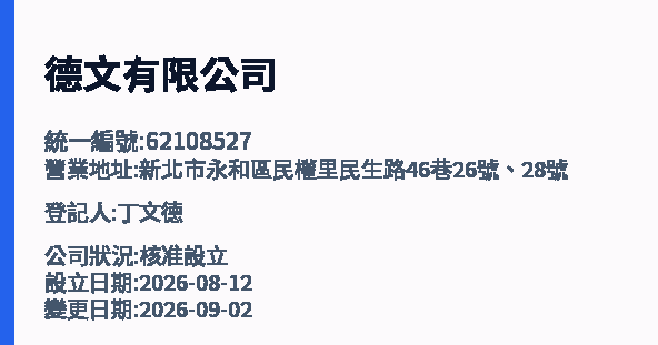 德文有限公司的照片-統編 62108527(新北市) 公司登記資料與營業項目詳細圖表