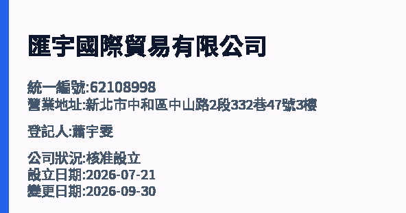 匯宇國際貿易有限公司的照片-統編 62108998(新北市) 公司登記資料與營業項目詳細圖表
