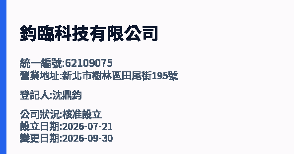 鈞臨科技有限公司的照片-統編 62109075(新北市) 公司登記資料與營業項目詳細圖表