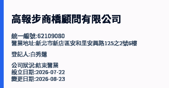 高報步商橋顧問有限公司的照片-統編 62109080(新北市) 公司登記資料與營業項目詳細圖表