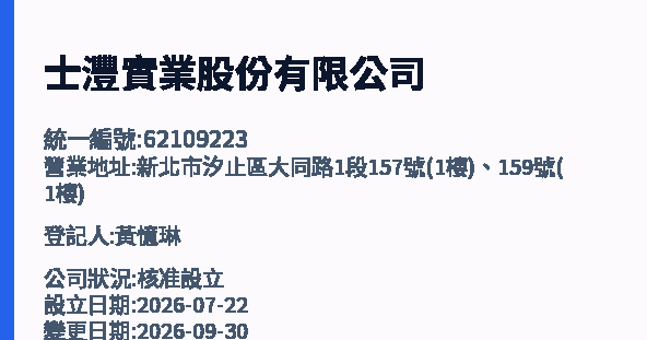 士灃實業股份有限公司的照片-統編 62109223(新北市) 公司登記資料與營業項目詳細圖表
