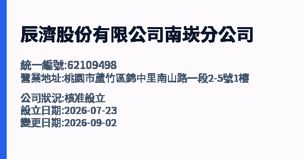 辰濟股份有限公司南崁分公司的照片-統編 62109498(桃園市) 公司登記資料與營業項目詳細圖表