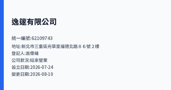 逸篴有限公司的照片-統編 62109743(新北市) 公司登記資料與營業項目詳細圖表