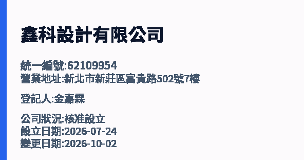鑫科設計有限公司的照片-統編 62109954(新北市) 公司登記資料與營業項目詳細圖表