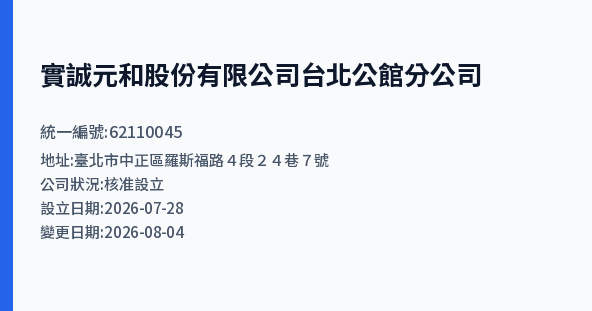 實誠元和股份有限公司台北公館分公司的照片-統編 62110045(臺北市) 公司登記資料與營業項目詳細圖表