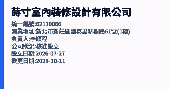蒔寸室內裝修設計有限公司的照片-統編 62110066(新北市) 公司登記資料與營業項目詳細圖表