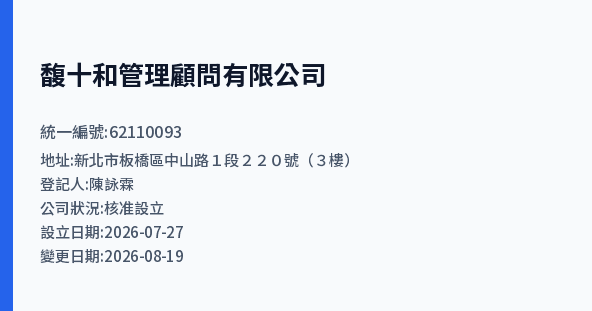 馥十和管理顧問有限公司的照片-統編 62110093(新北市) 公司登記資料與營業項目詳細圖表