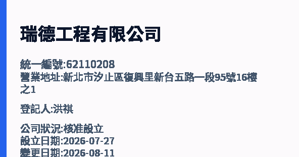 瑞德工程有限公司的照片-統編 62110208(新北市) 公司登記資料與營業項目詳細圖表