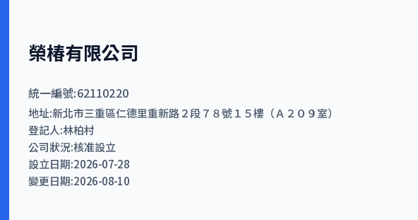 榮椿有限公司的照片-統編 62110220(新北市) 公司登記資料與營業項目詳細圖表