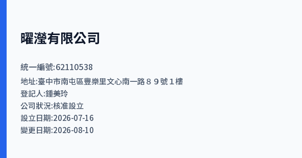 曜瀅有限公司的照片-統編 62110538(臺中市) 公司登記資料與營業項目詳細圖表