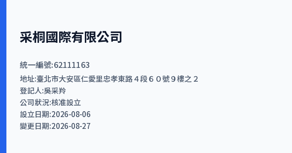采桐國際有限公司的照片-統編 62111163(臺北市) 公司登記資料與營業項目詳細圖表